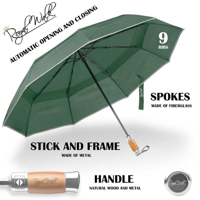 Luxurious Vented Folding Windproof Umbrella with Wood Handle